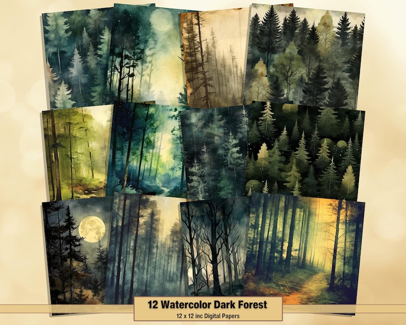 Printable Dark Forest Digital Papers, Watercolor Page, Woodland ...
