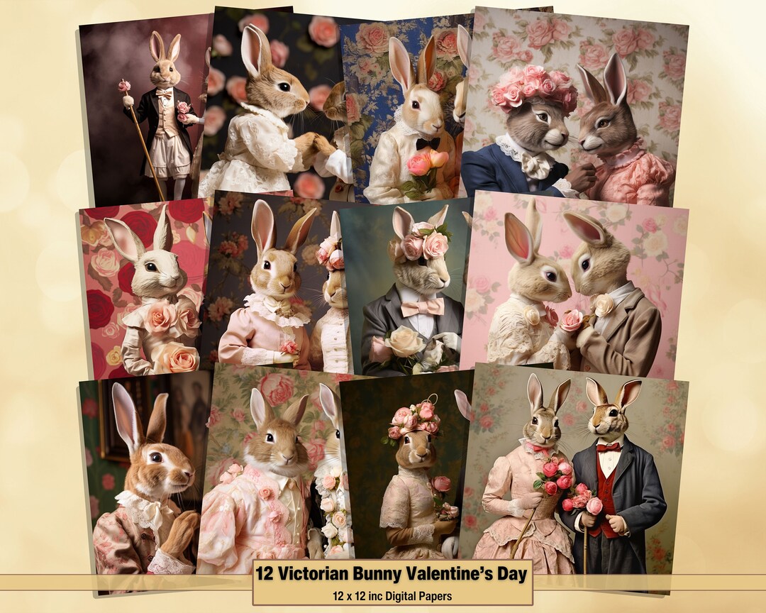 Valentine's Day Victorian Bunnies Digital Papers, Printable Vintage ...