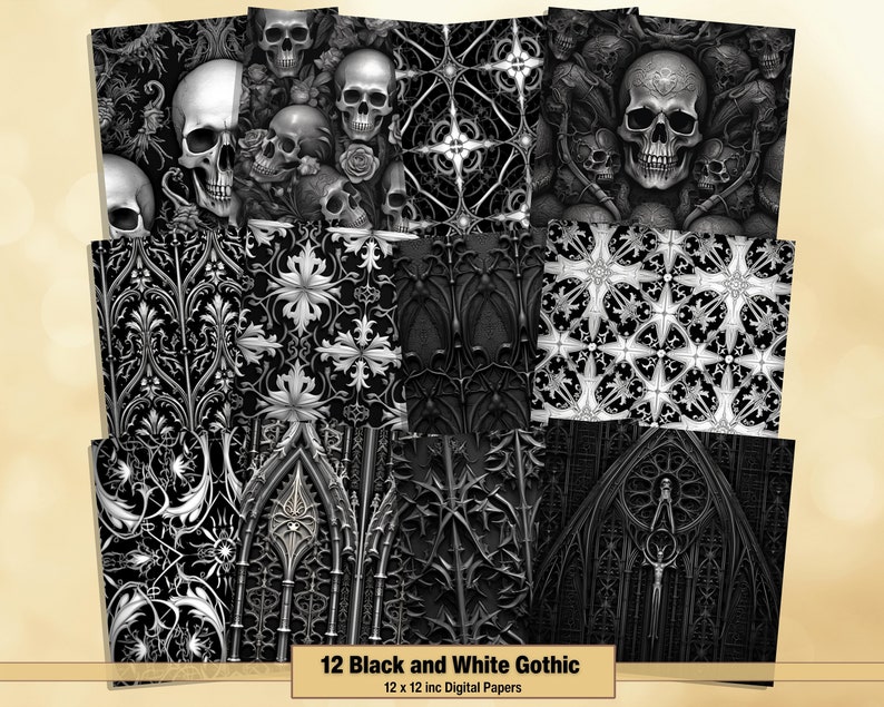 Printable Black & White Gothic Digital Papers, Skull Damask Pages, Background, Ephemera ...