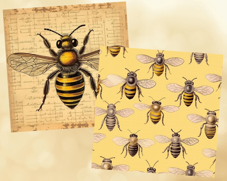 Printable Honey Bee Digital Papers, Queen Bee Pages, Vintage Beehives ...