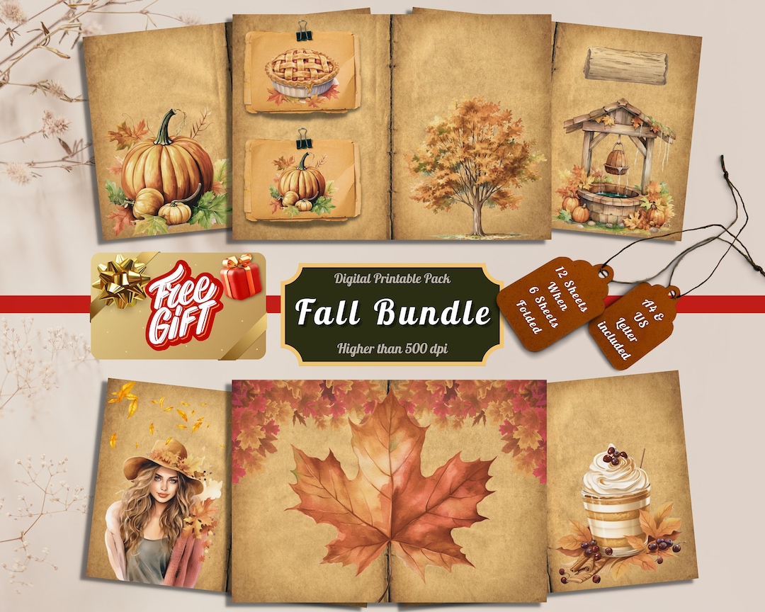 Printable Fall Bundle Digital Papers, October Pumpkin Spice Ephemera ...
