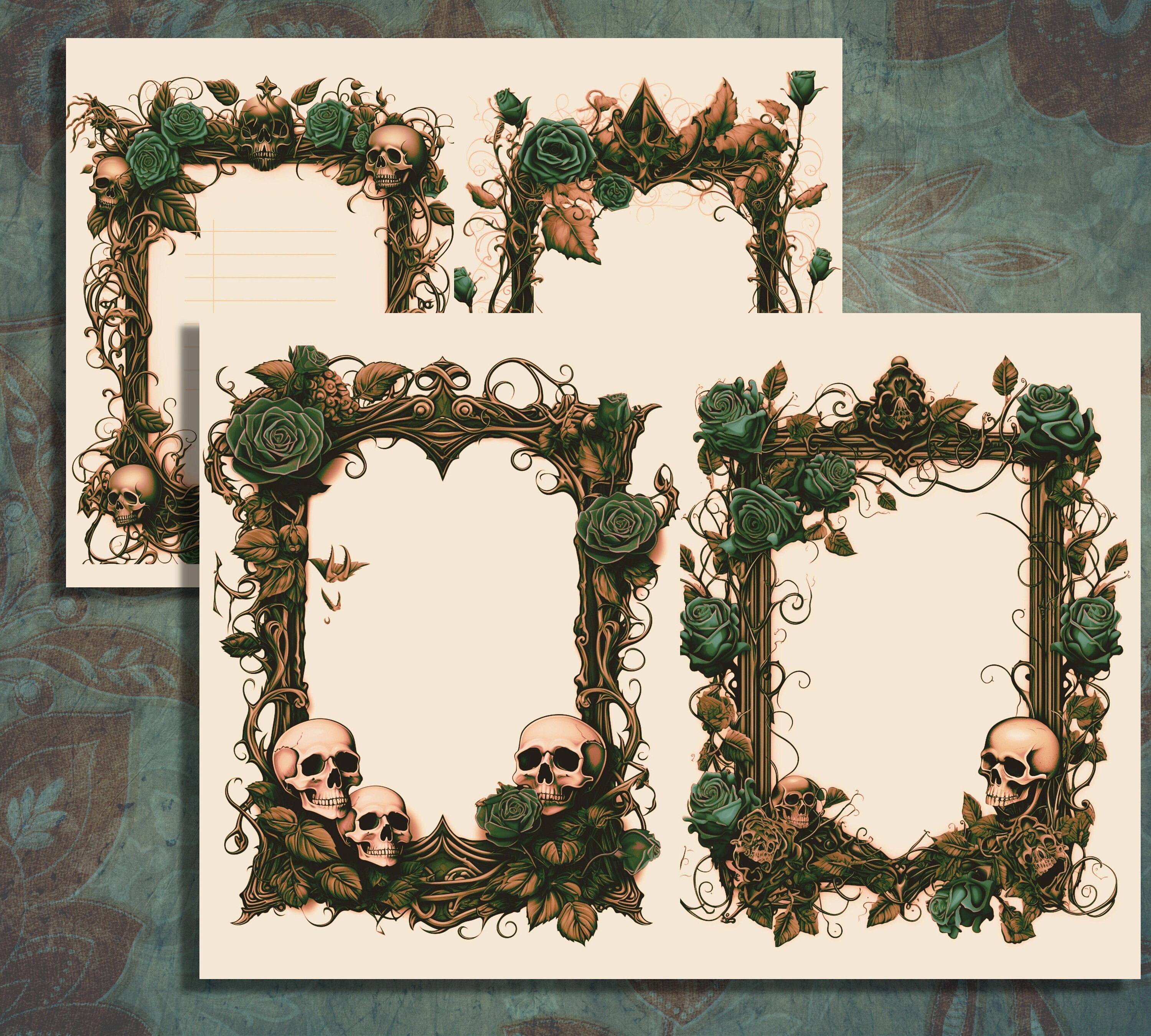 Printable Gothic Green Roses Digital Paper, Skull Ephemera, Grimoire ...