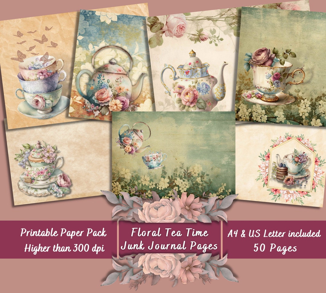 Printable Floral Tea Time Digital Paper, Vintage Teapot Ephemera ...