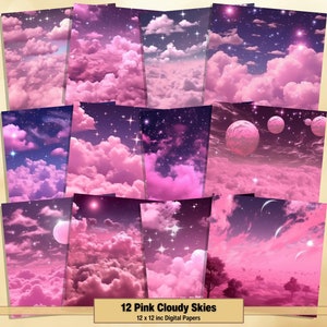 Printable Pink Cloudy Skies Digital Papers, Pink Galaxy Pages, Sky ...