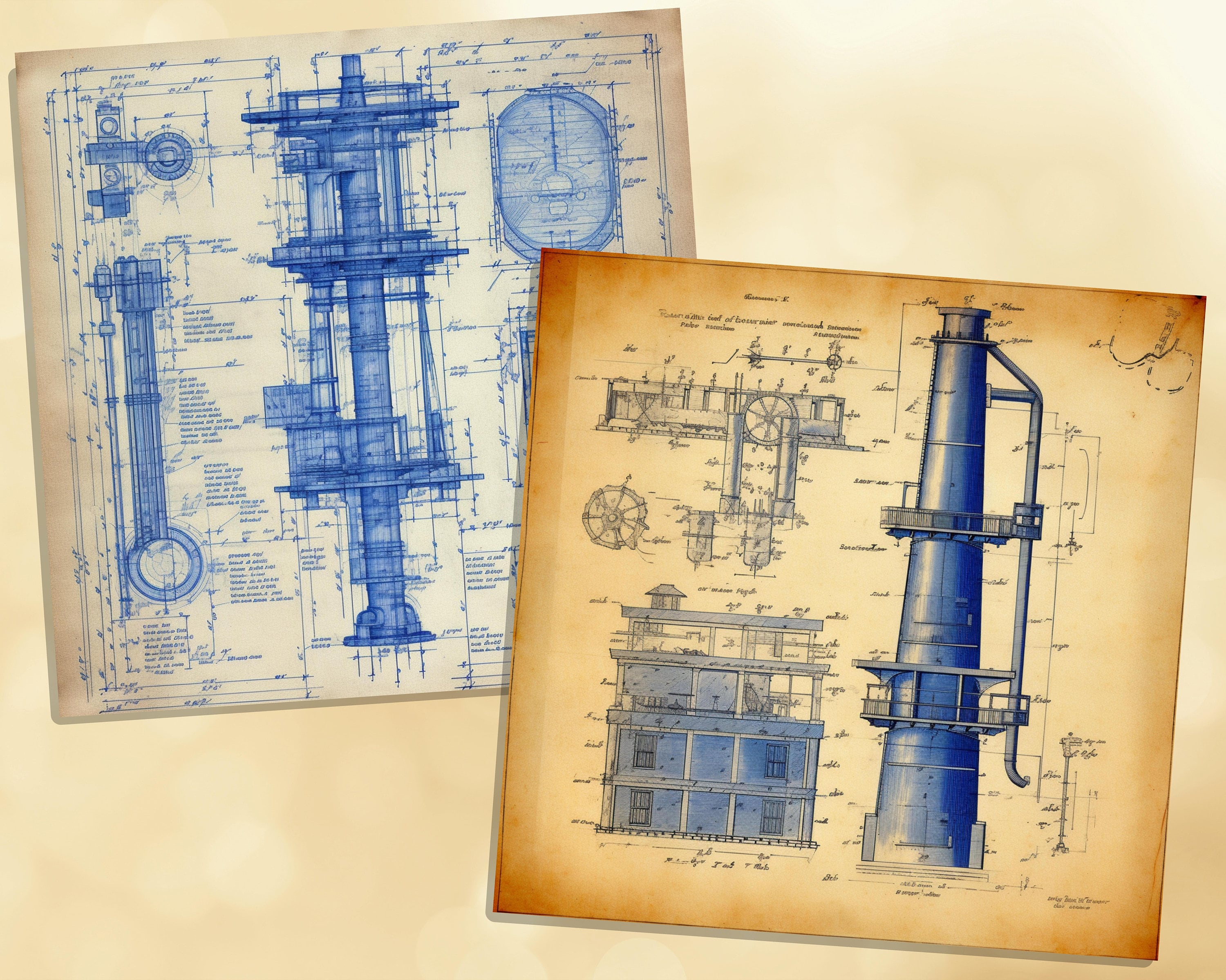 Printable Vintage Blueprint Digital Paper, Architecture Page, Technic ...