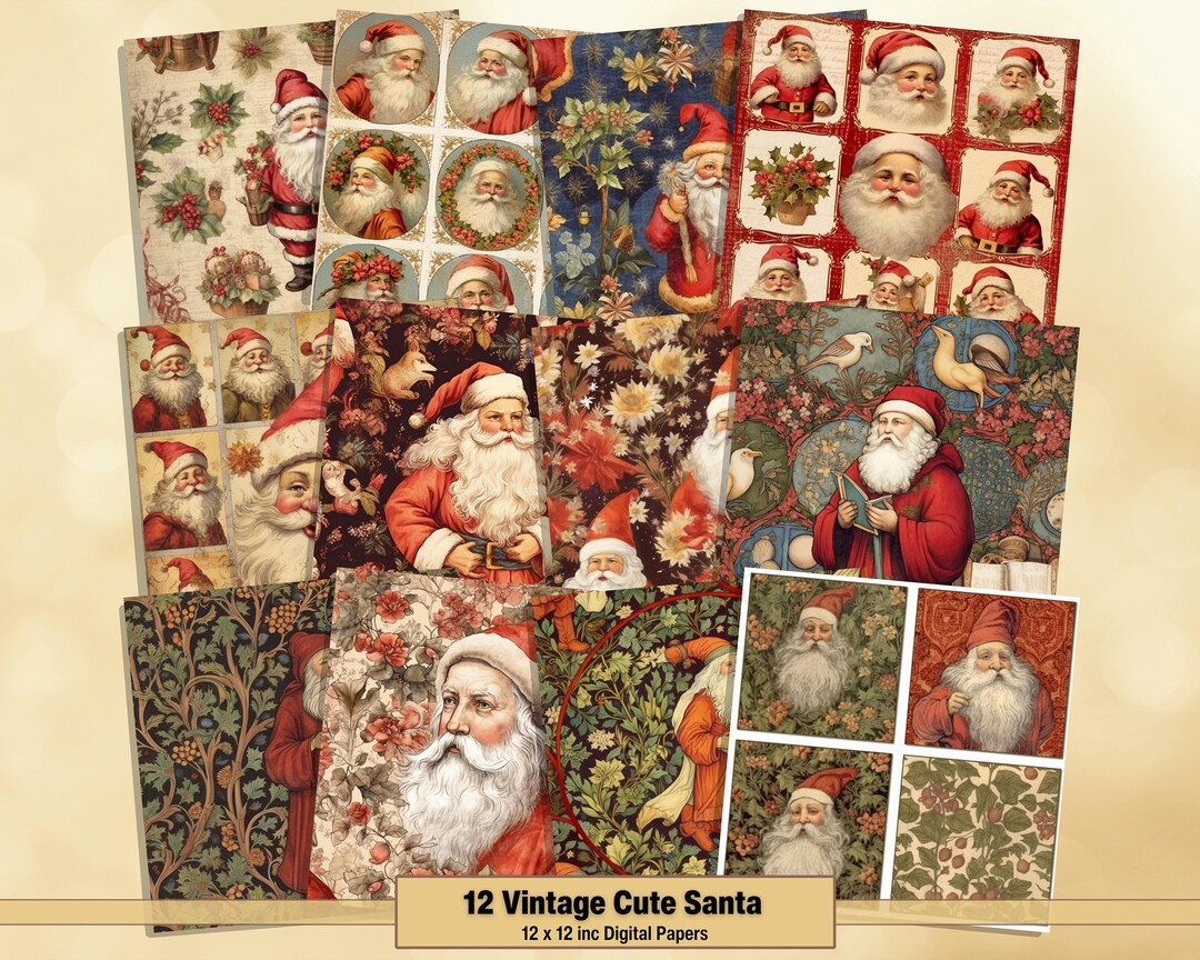 Printable Vintage Santa Digital Papers, Christmas Pages, Festive ...