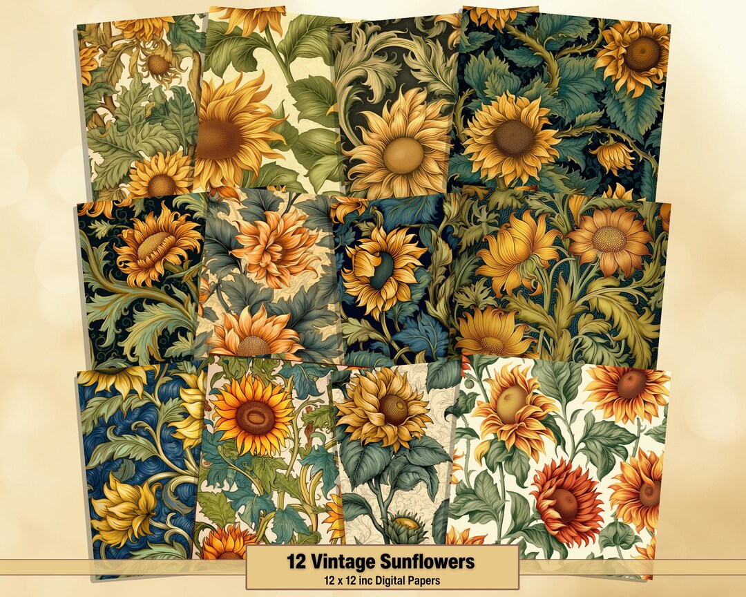 Printable Vintage Sunflowers Digital Paper, Shabby Chic Pages, Floral ...