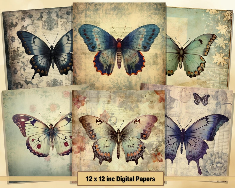 Printable Vintage Butterfly Digital Papers, Mystical Moth Pages ...