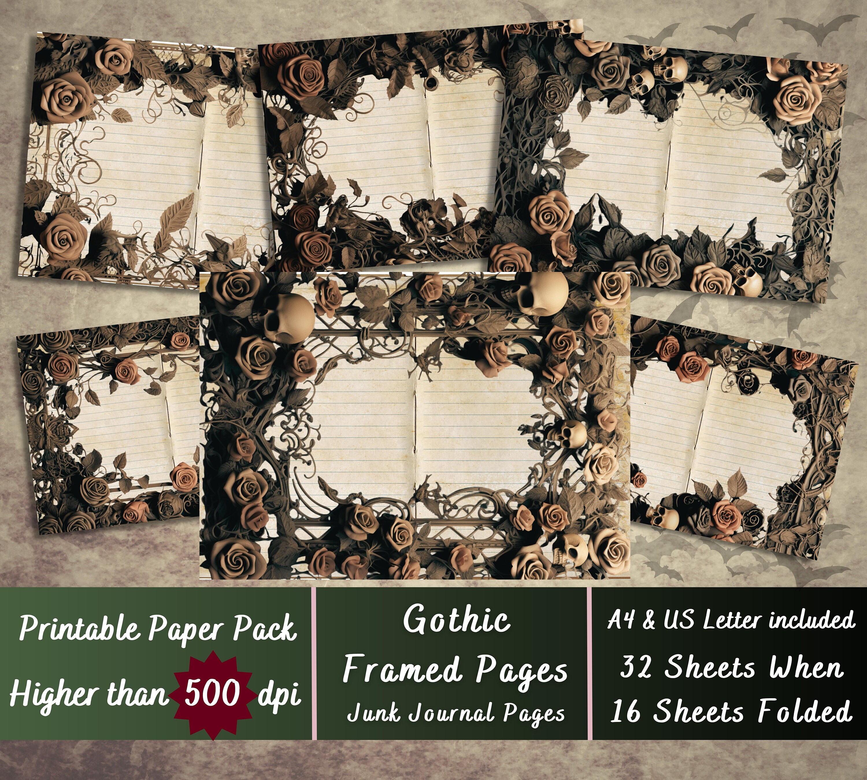 Printable Gothic Roses Digital Paper, Skull Framed Ephemera, Grimoire ...