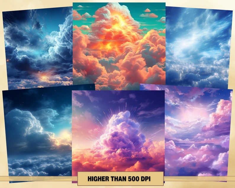 Printable Fantasy Clouds Digital Papers, Cloudy Sky Page, Background ...