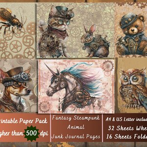 Printable Steampunk Animals Digital Paper, Vintage Ephemera, Fantasy ...