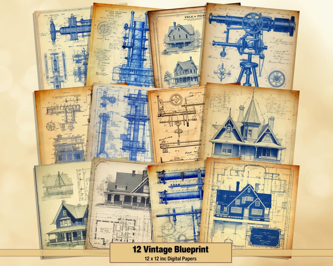 Printable Vintage Blueprint Digital Paper, Architecture Page, Technic ...