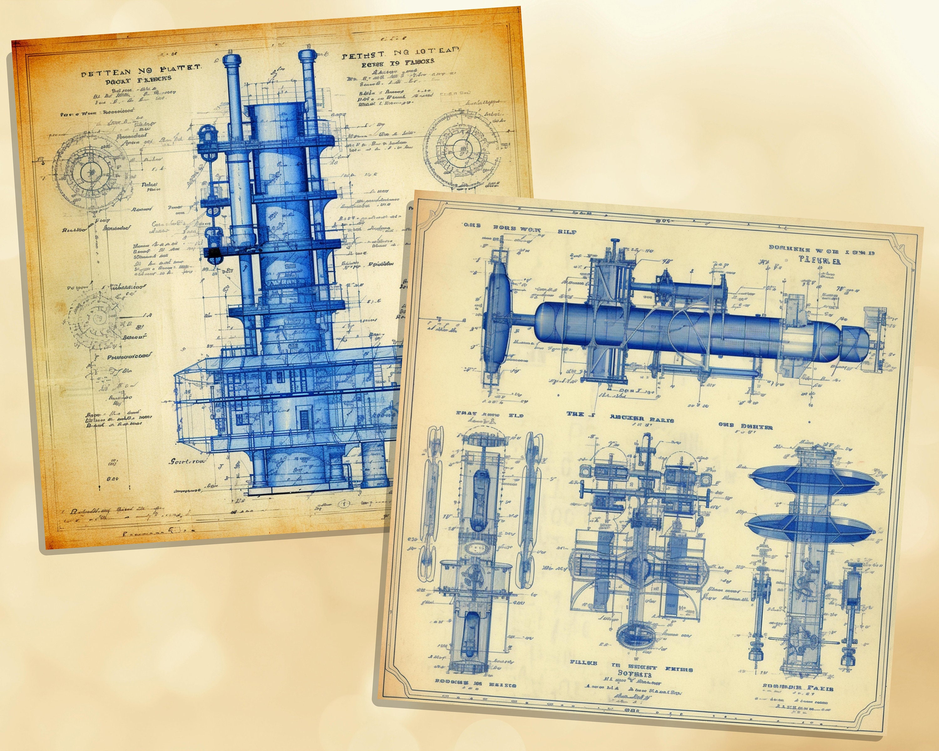 Printable Vintage Blueprint Digital Paper, Architecture Page, Technic ...