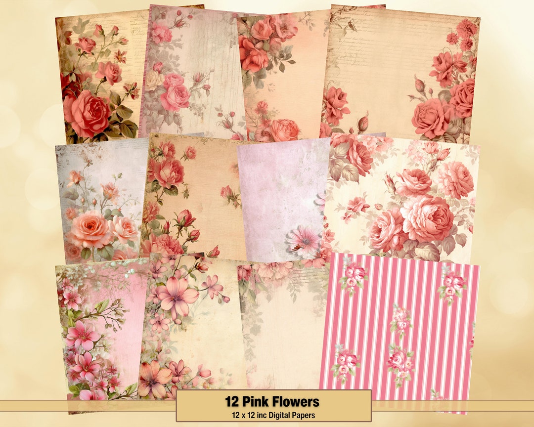 Printable Pink Flowers Digital Paper, Shabby Chic Pages, Floral ...
