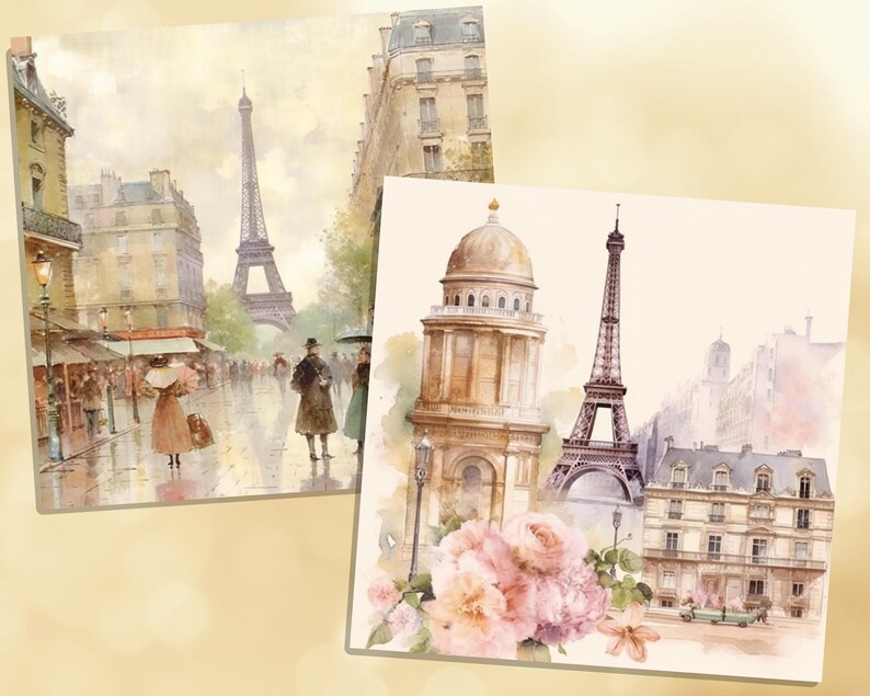 Printable Watercolor Paris Digital Papers, Vintage Pages, Background ...