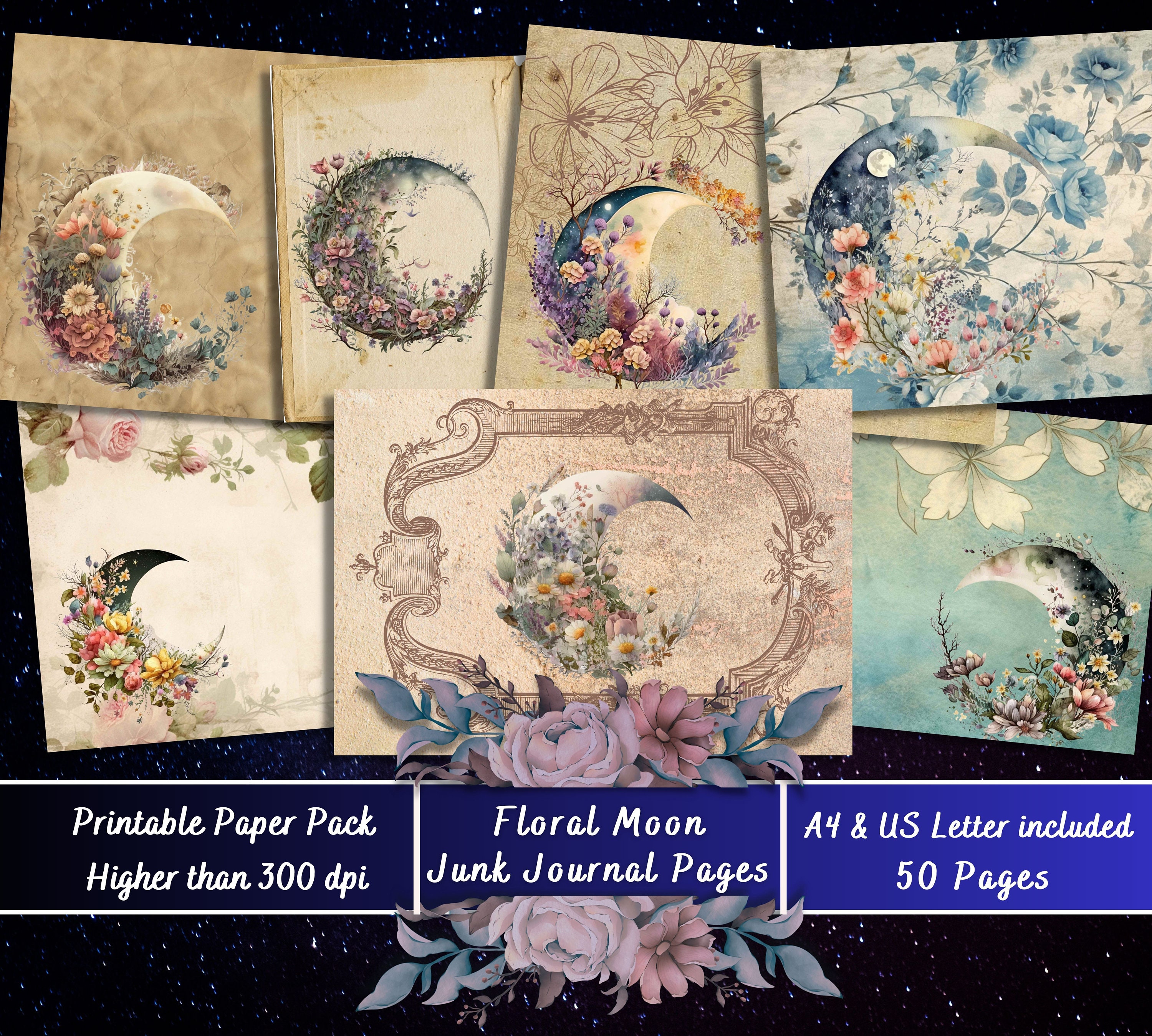 Printable Floral Moon Digital Paper, Watercolor Lunar Ephemera, Vintage ...