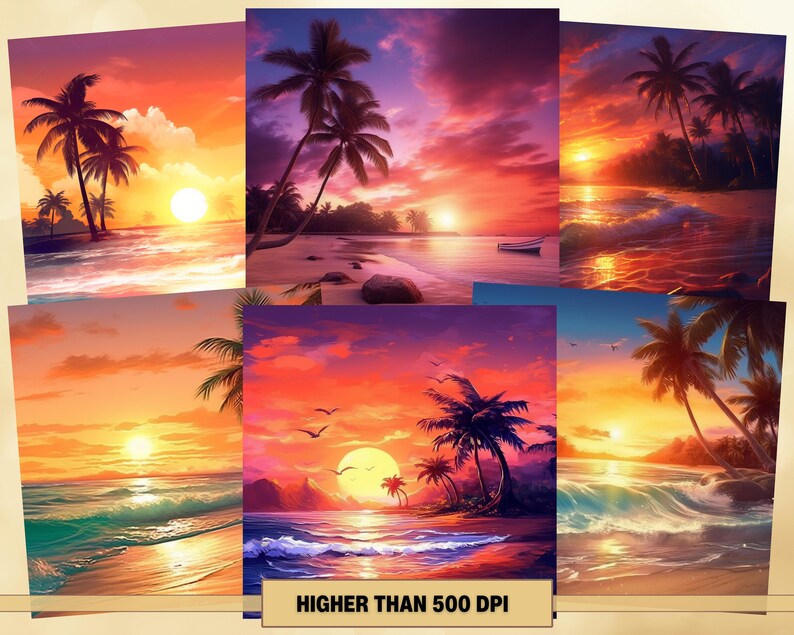 Printable Sunset Beach Digital Papers, Summer Beach Pages, Ocean Palm ...