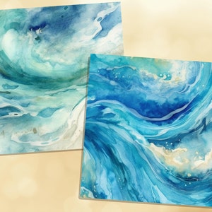 Printable Watercolor Ocean Waves Digital Papers, Blue Abstract Pages ...