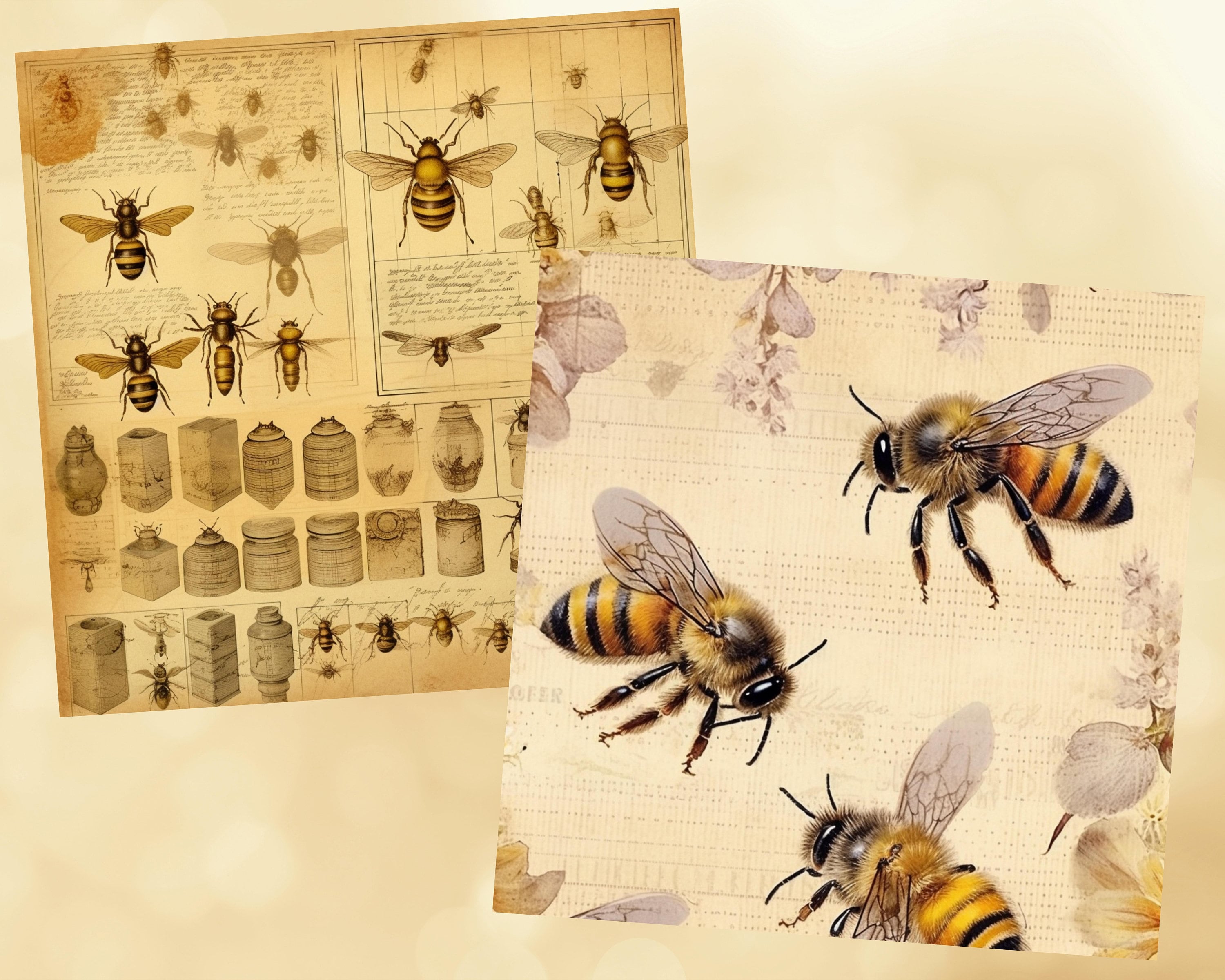 Printable Honey Bee Digital Papers, Queen Bee Pages, Vintage Beehives ...