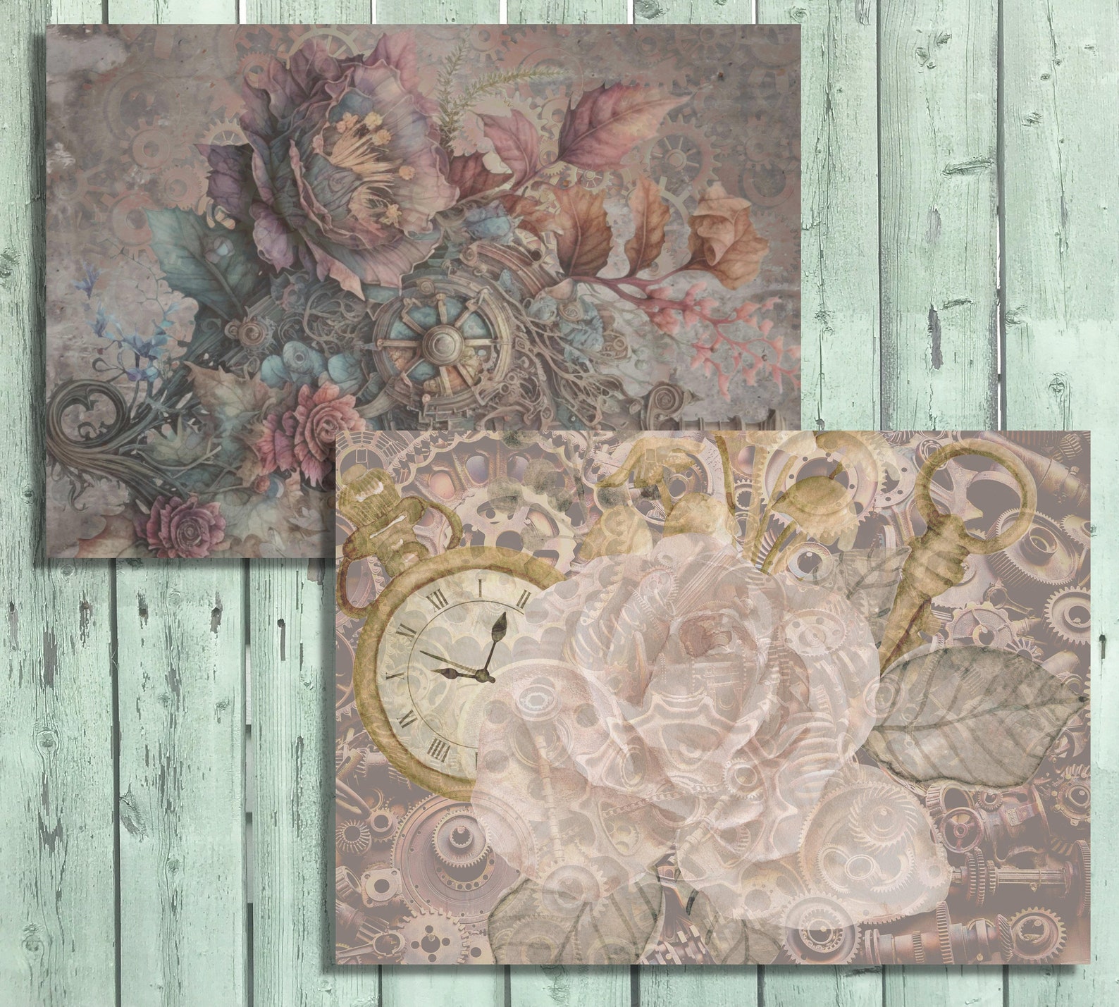 Printable Steampunk Flower Digital Paper, Floral Grunge Ephemera ...