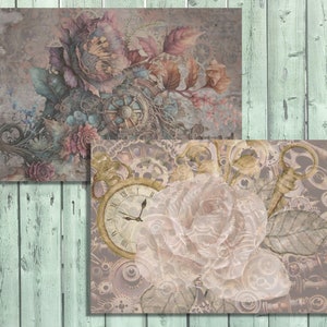 Printable Steampunk Flower Digital Paper, Floral Grunge Ephemera ...