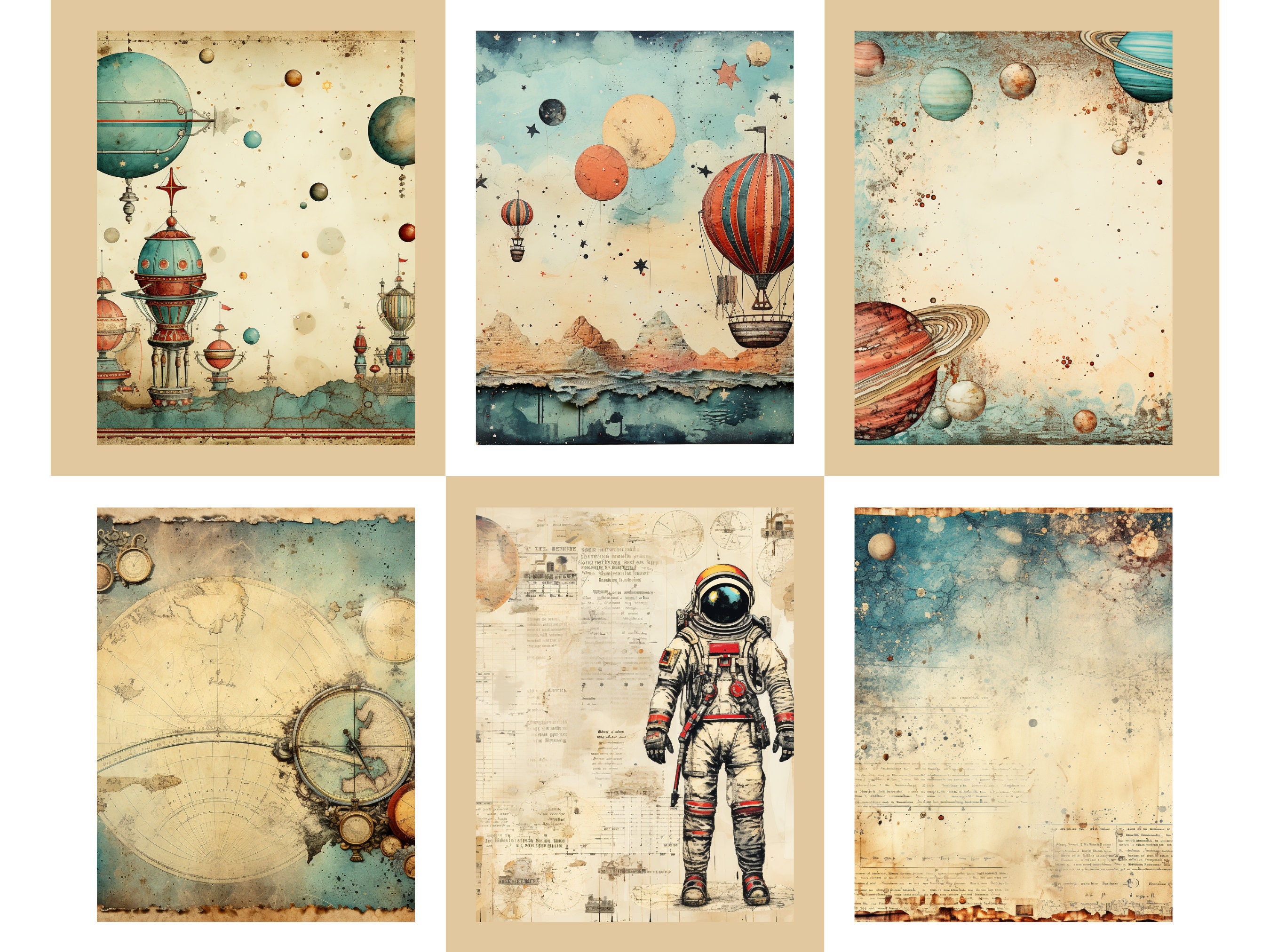 30 Vintage Space Themed Digital Papers Plus 10 Free ATC Illustrations ...