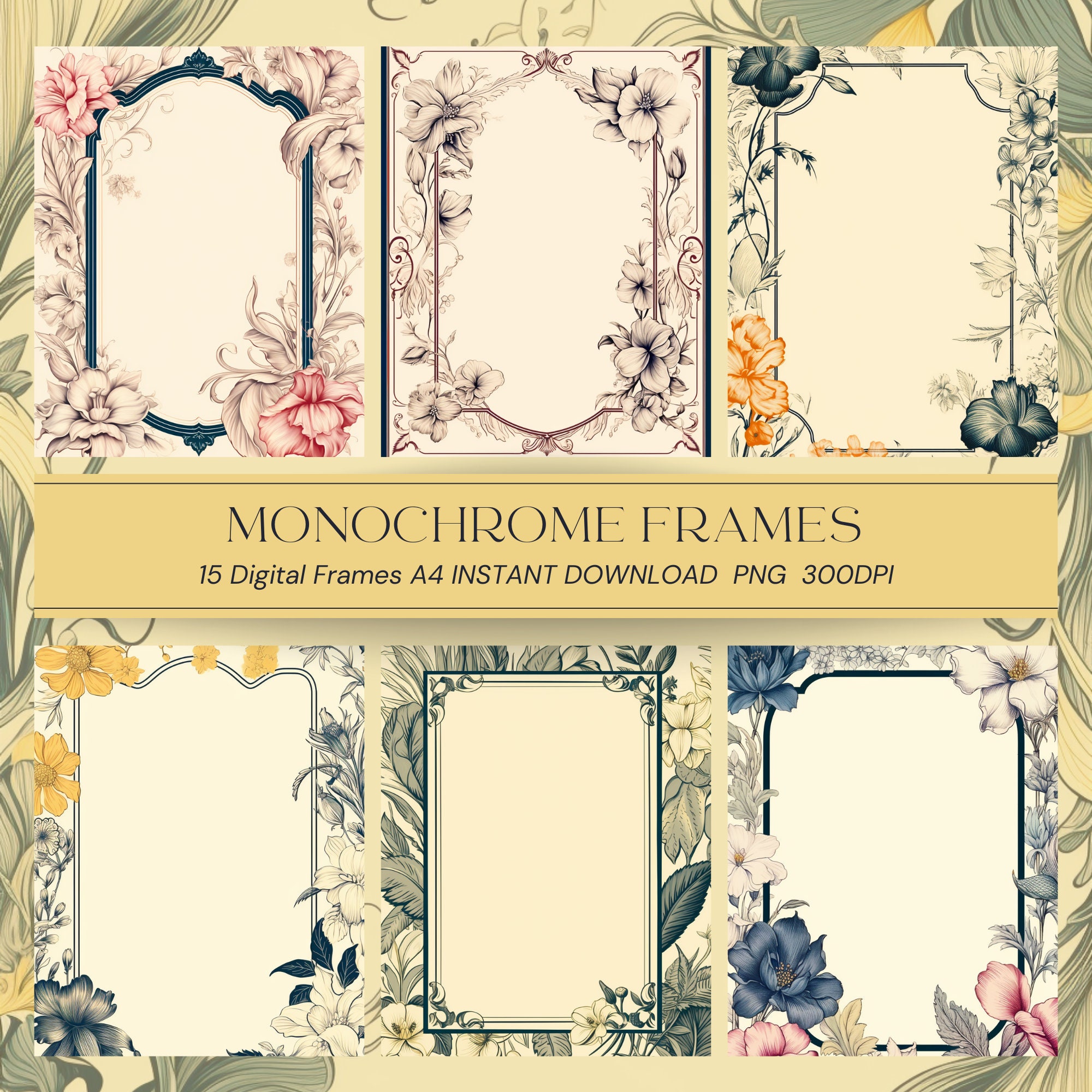 Set of 15 Elegant Monochrome Floral Page Borders - Digital Download - Etsy