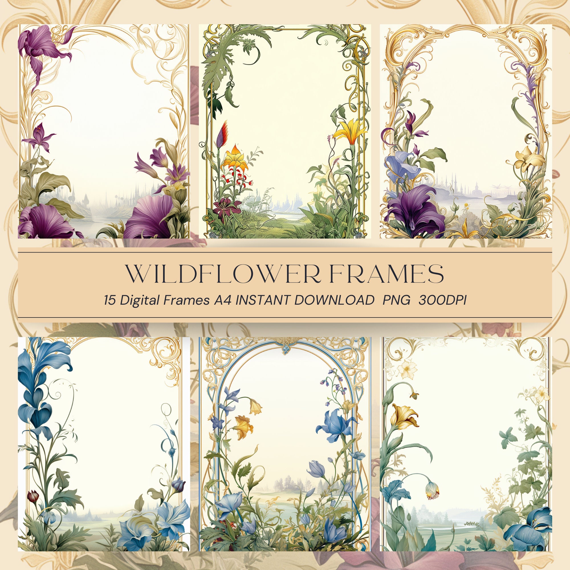 Wildflower Elegance Floral Page Borders - Set of 15 | Vintage-inspired ...