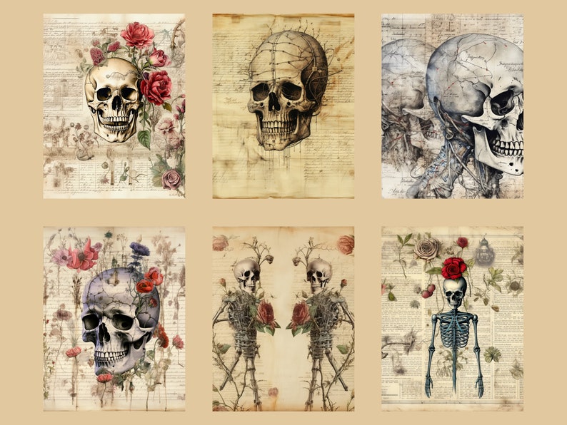 30 Skeleton Themed Vintage Digital Paper Plus 10 Free Skull ...