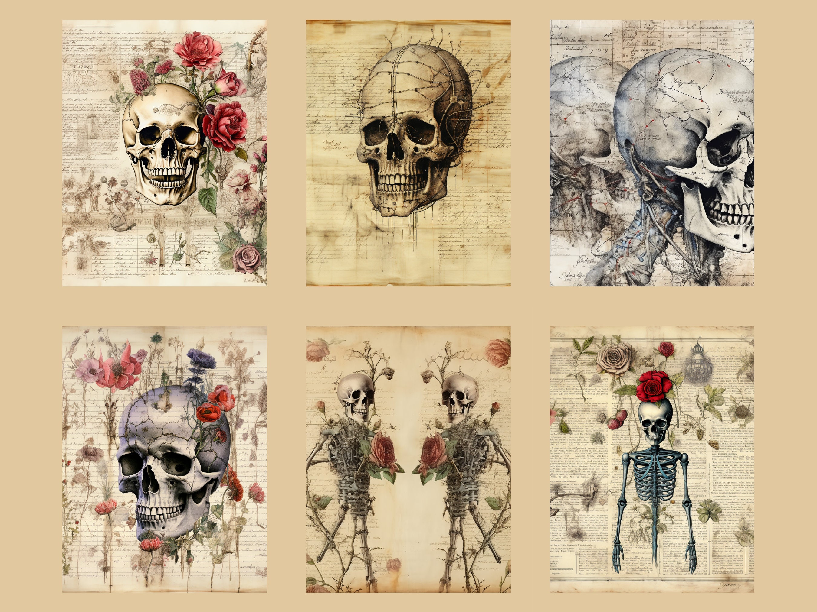 30 Skeleton Themed Vintage Digital Paper Plus 10 Free Skull ...