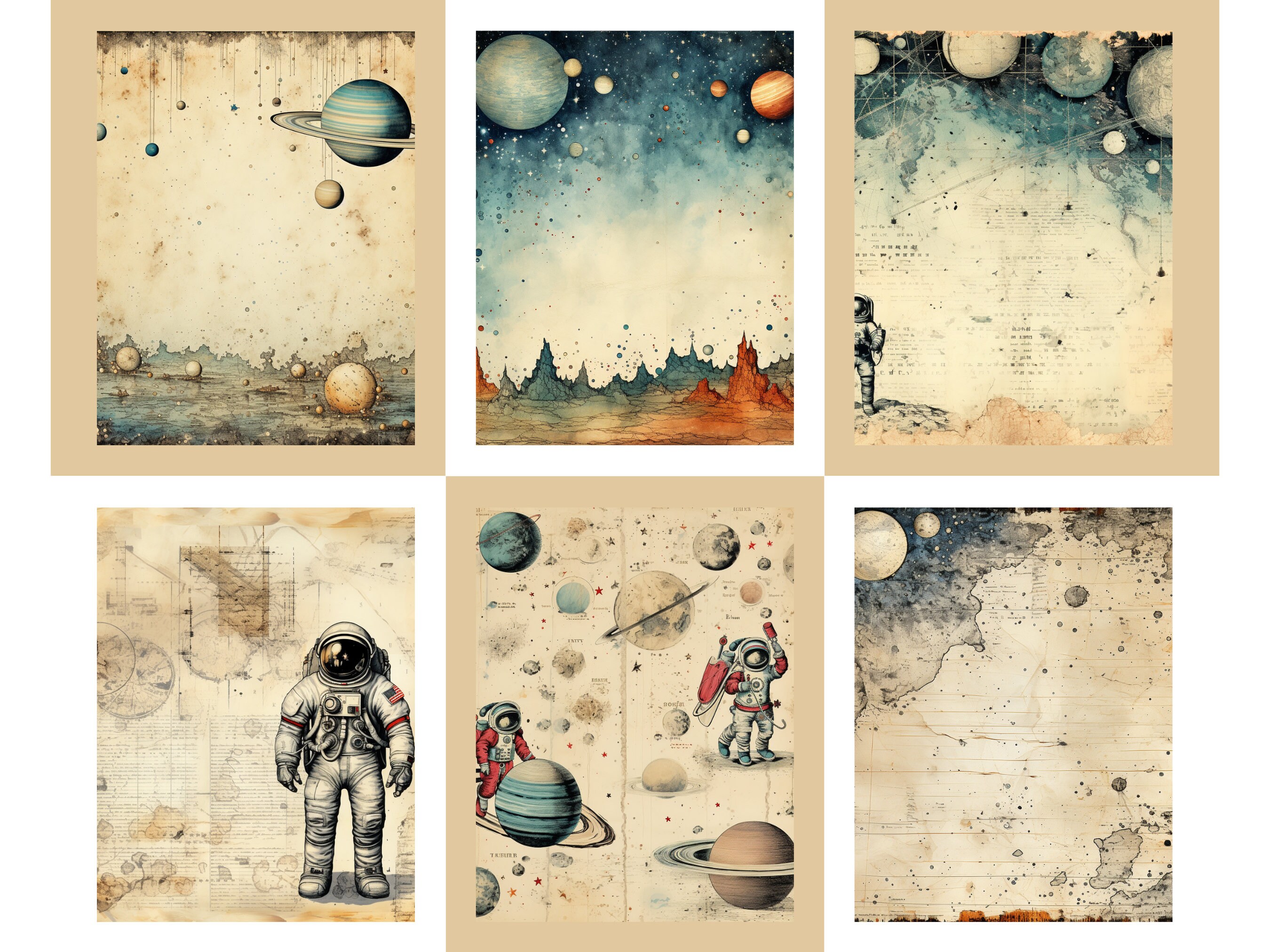 30 Vintage Space Themed Digital Papers Plus 10 Free ATC Illustrations ...