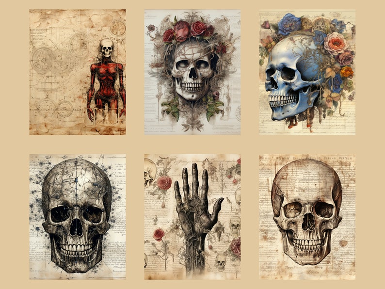 30 Skeleton Themed Vintage Digital Paper Plus 10 Free Skull ...