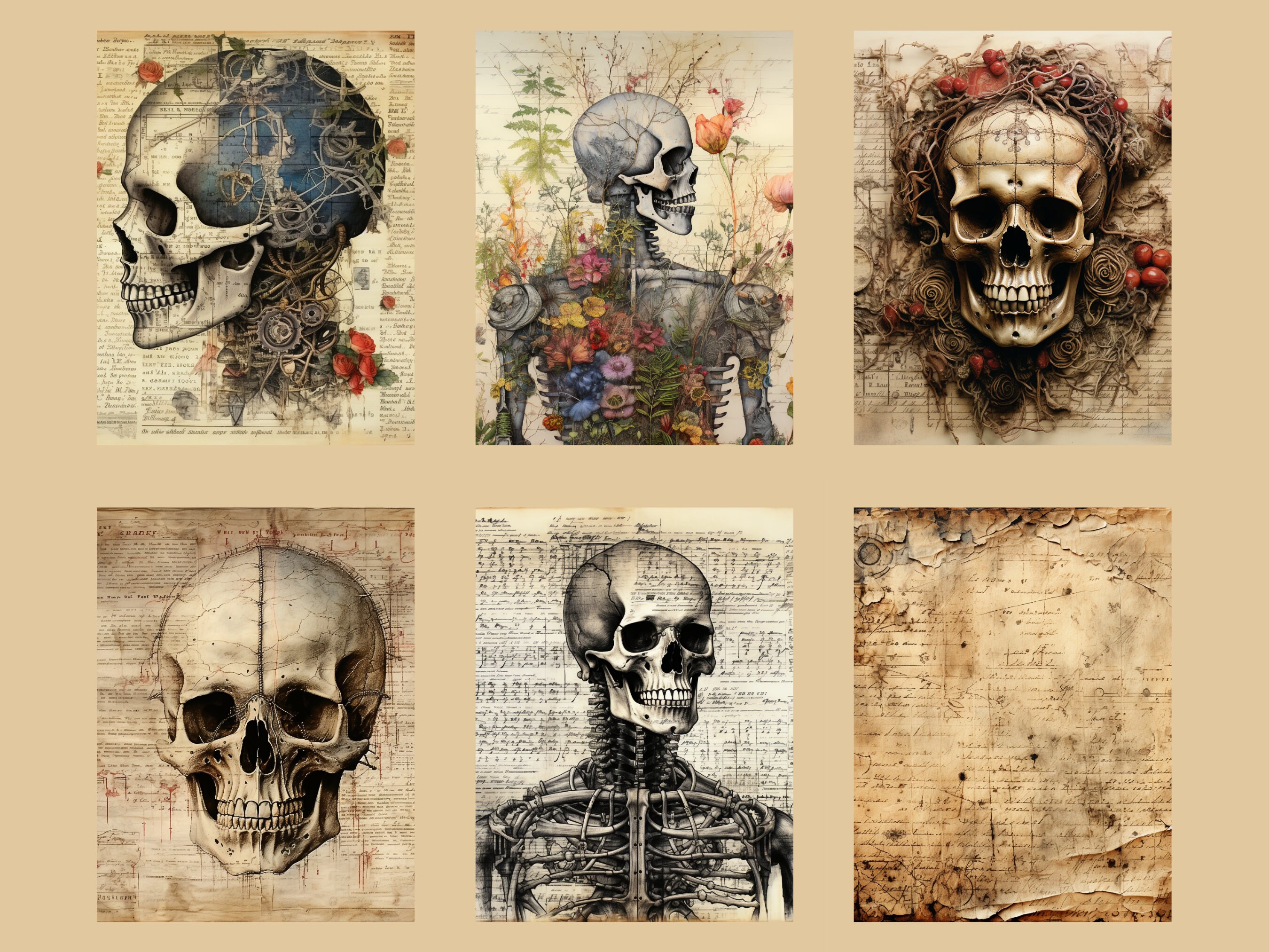 30 Skeleton Themed Vintage Digital Paper Plus 10 Free Skull ...