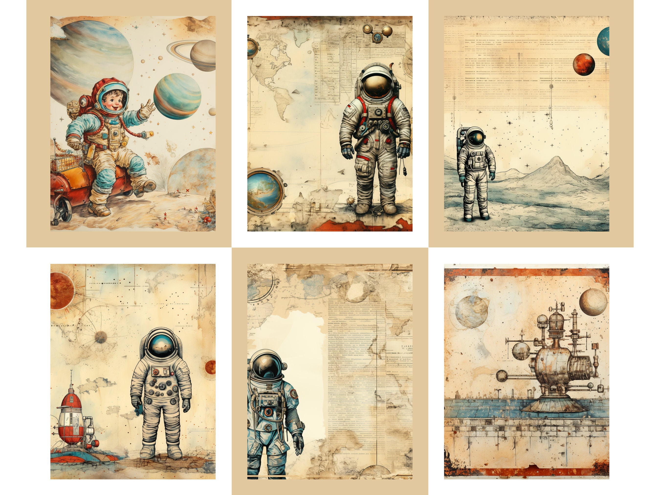 30 Vintage Space Themed Digital Papers Plus 10 Free ATC Illustrations ...