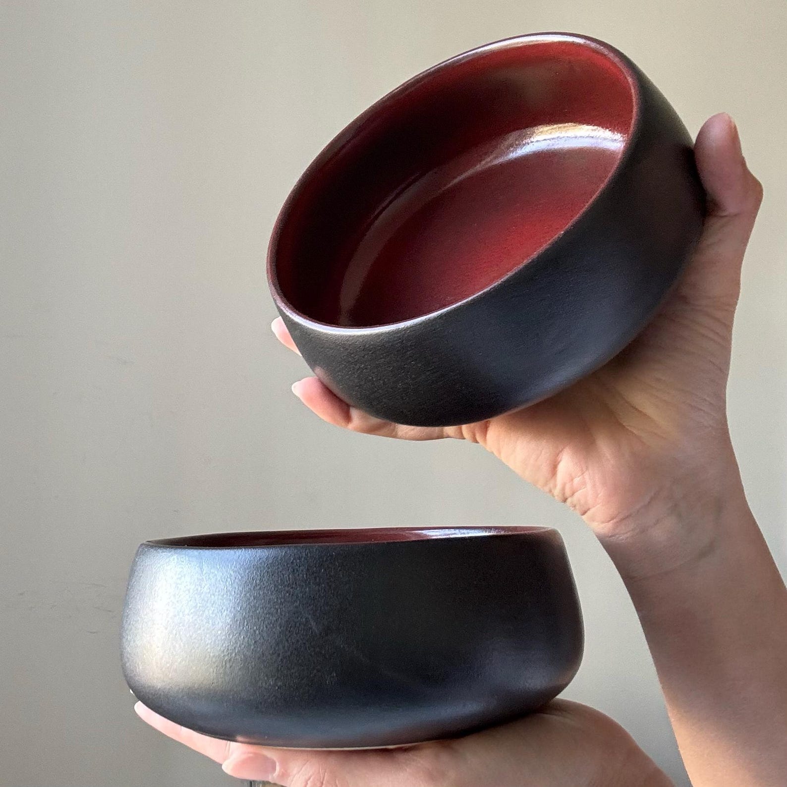 Handmade Rustic Red Stoneware Breakfast Bowl Set: Modern Red Black ...