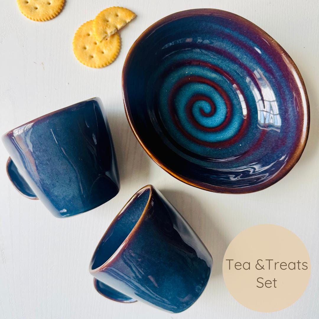 Handmade Stoneware Tea & Treats Set: Night Sky Blue Pottery Mugs and ...