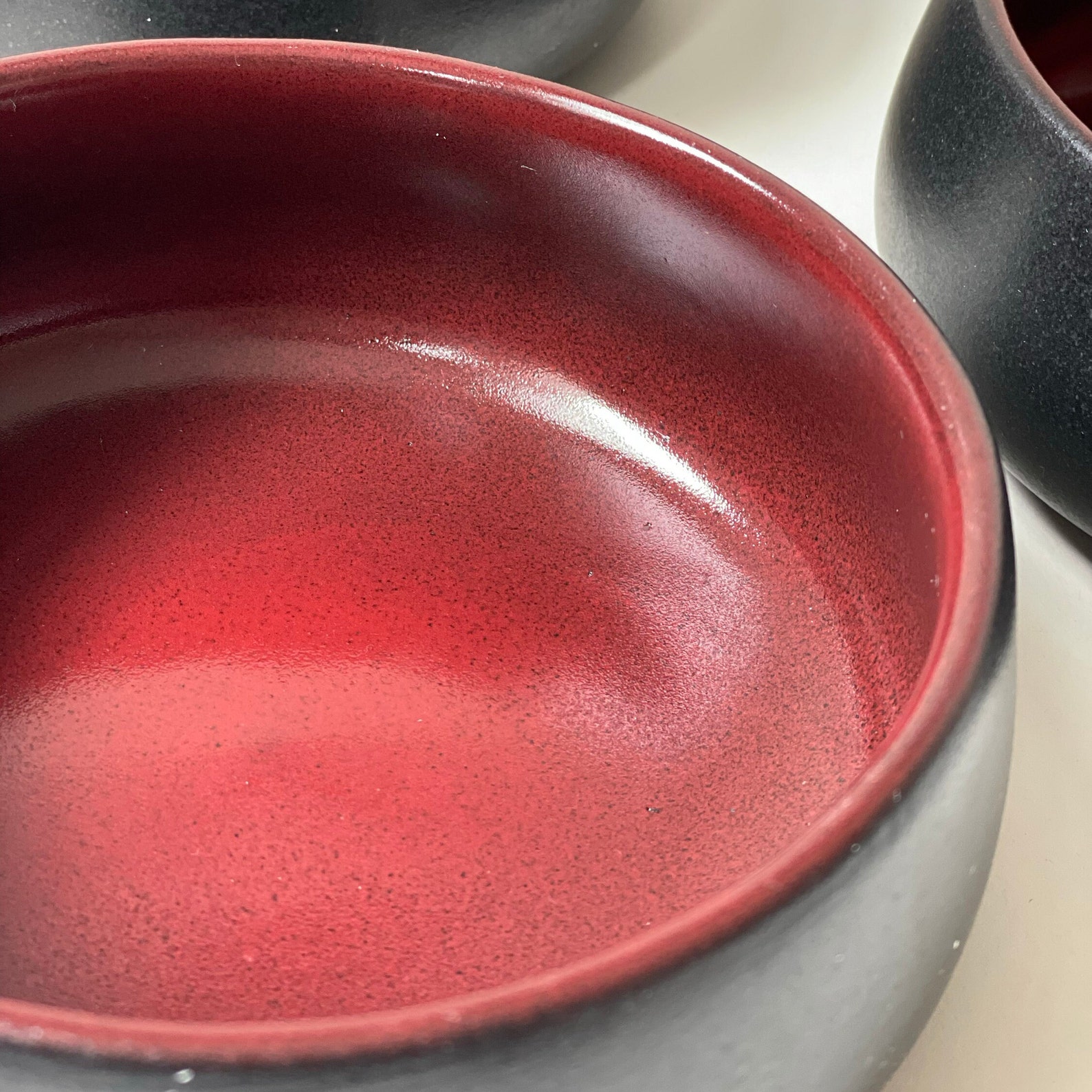 Handmade Rustic Red Stoneware Breakfast Bowl Set: Modern Red Black ...