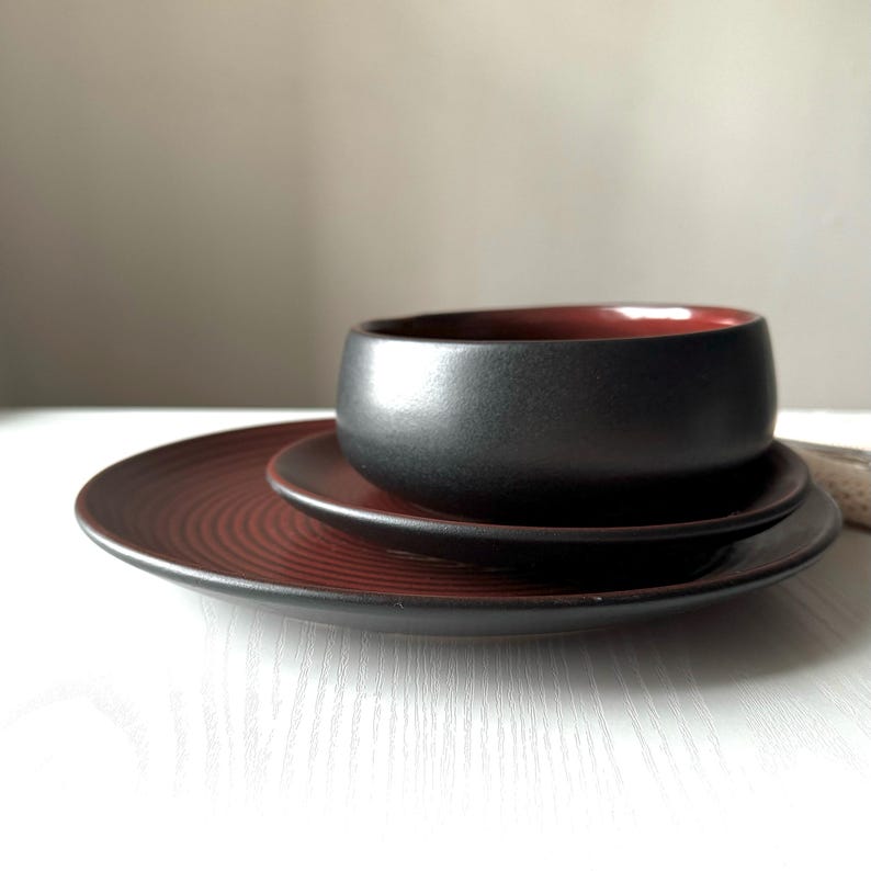 Handmade Rustic Red Stoneware Breakfast Bowl Set: Modern Red Black ...