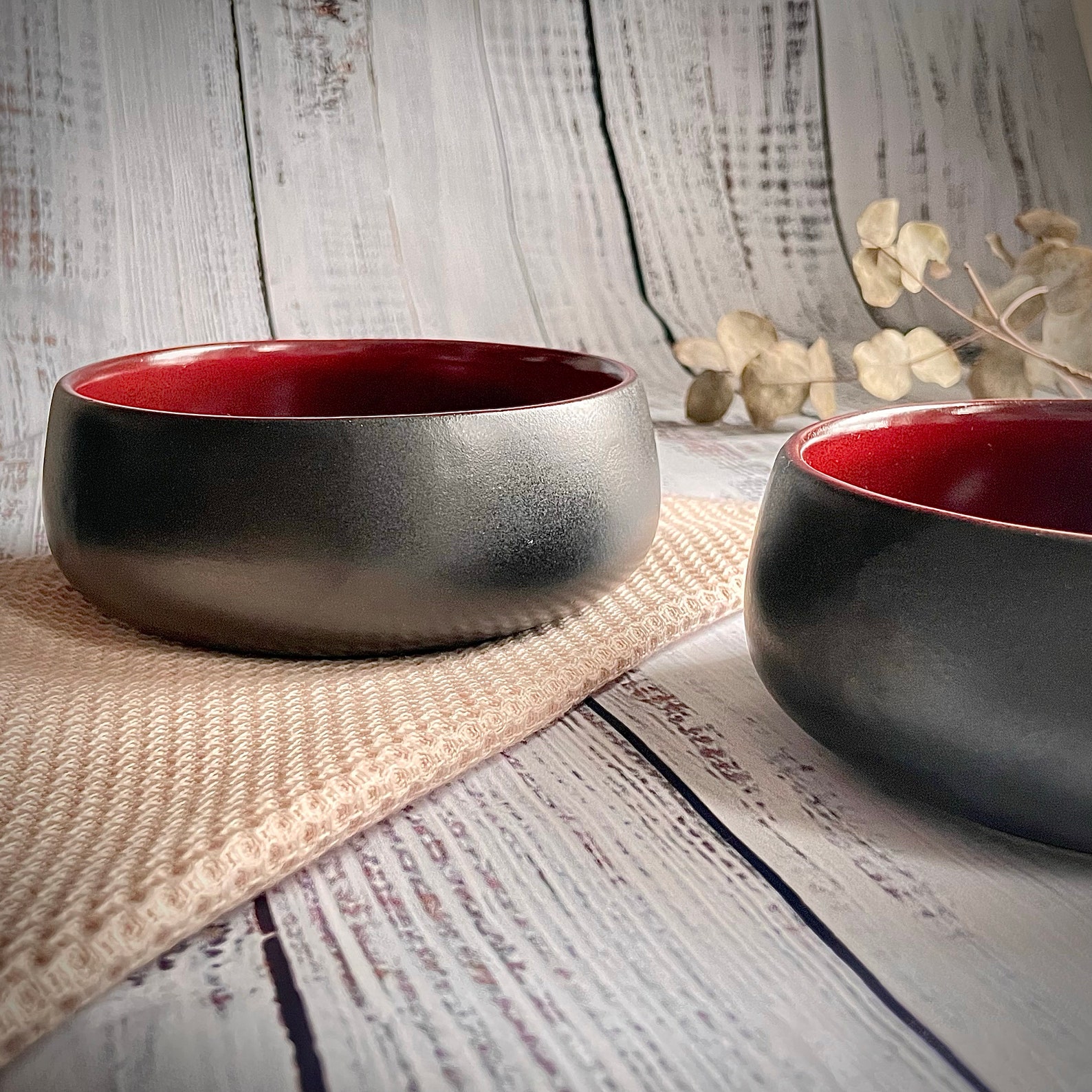 Handmade Rustic Red Stoneware Breakfast Bowl Set: Modern Red Black ...