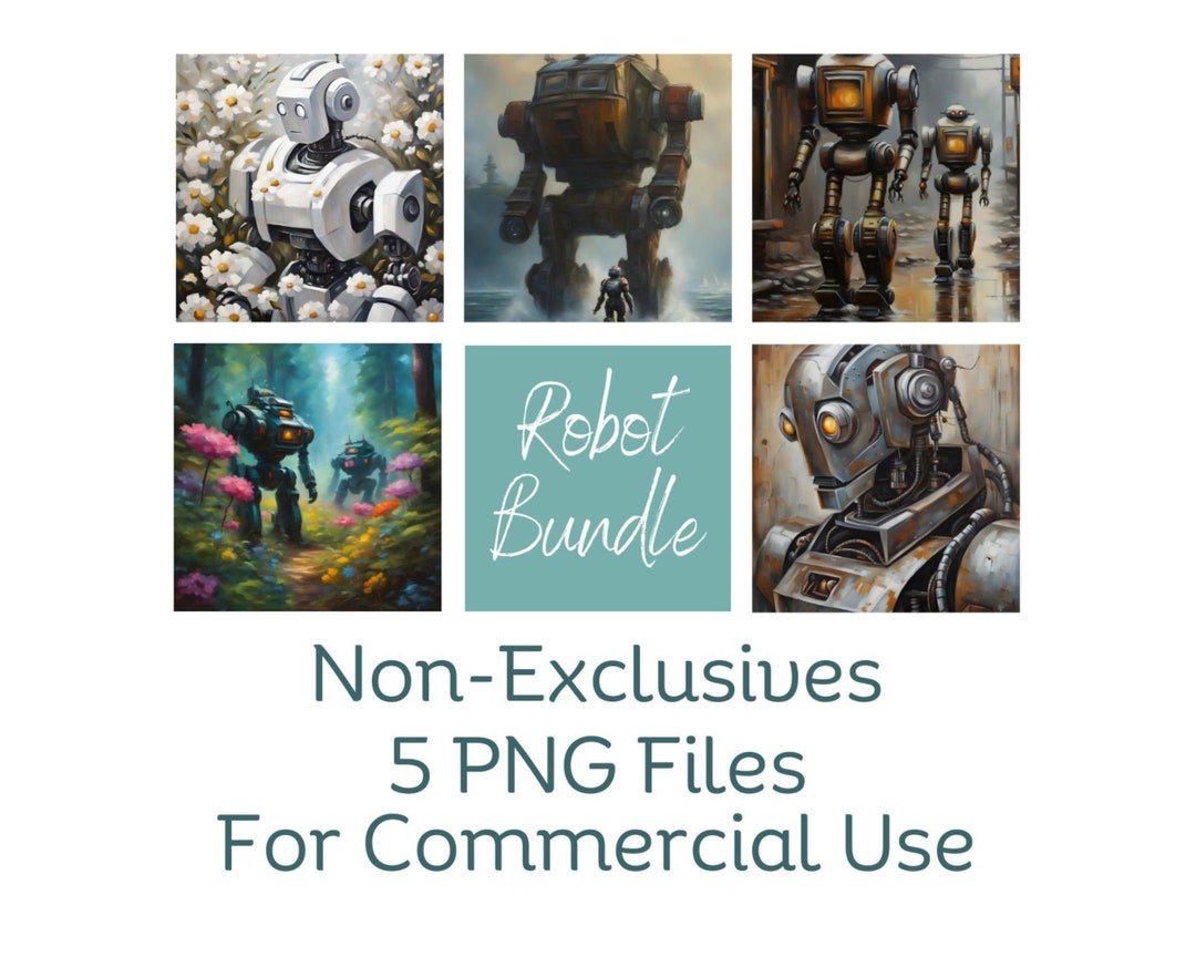 Robot Bundle PNG Files, 5 Non-exclusive Licenses, Oil Painting Style ...