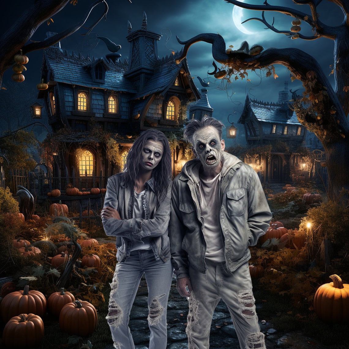 8 Spooky Halloween Haunted Neighborhood Backdrops - Eerie Streetscapes ...