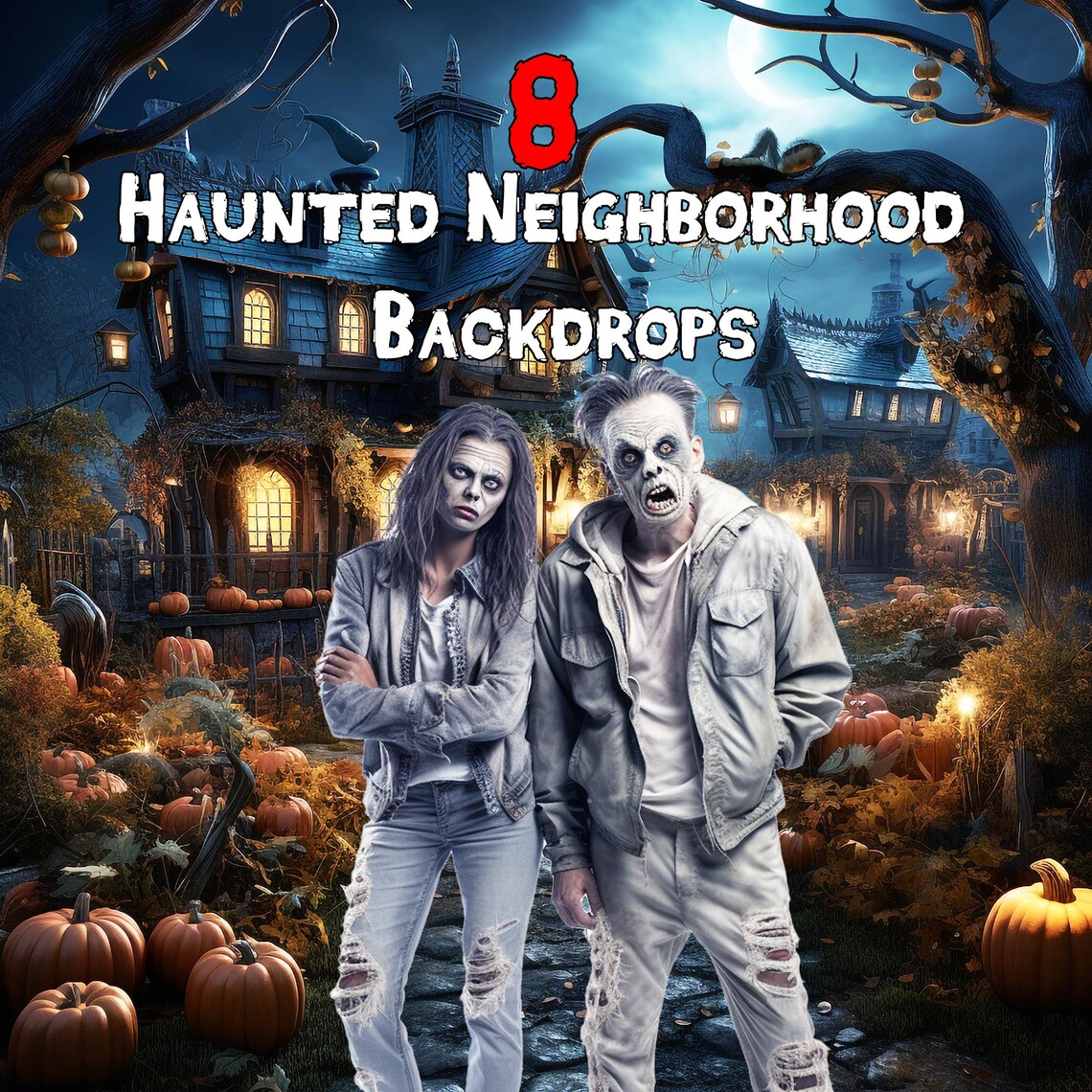 8 Spooky Halloween Haunted Neighborhood Backdrops - Eerie Streetscapes ...