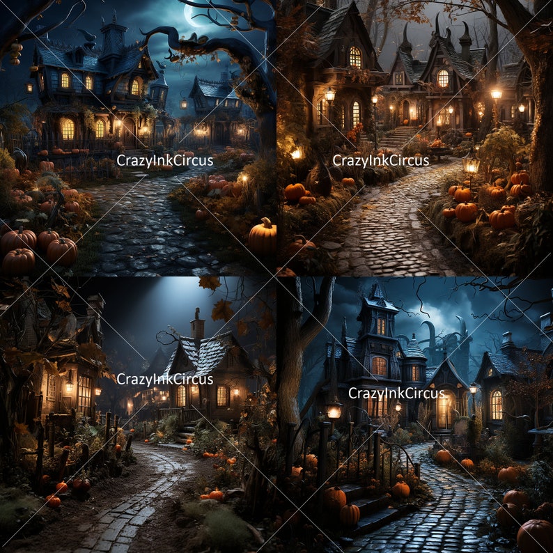 8 Spooky Halloween Haunted Neighborhood Backdrops - Eerie Streetscapes ...