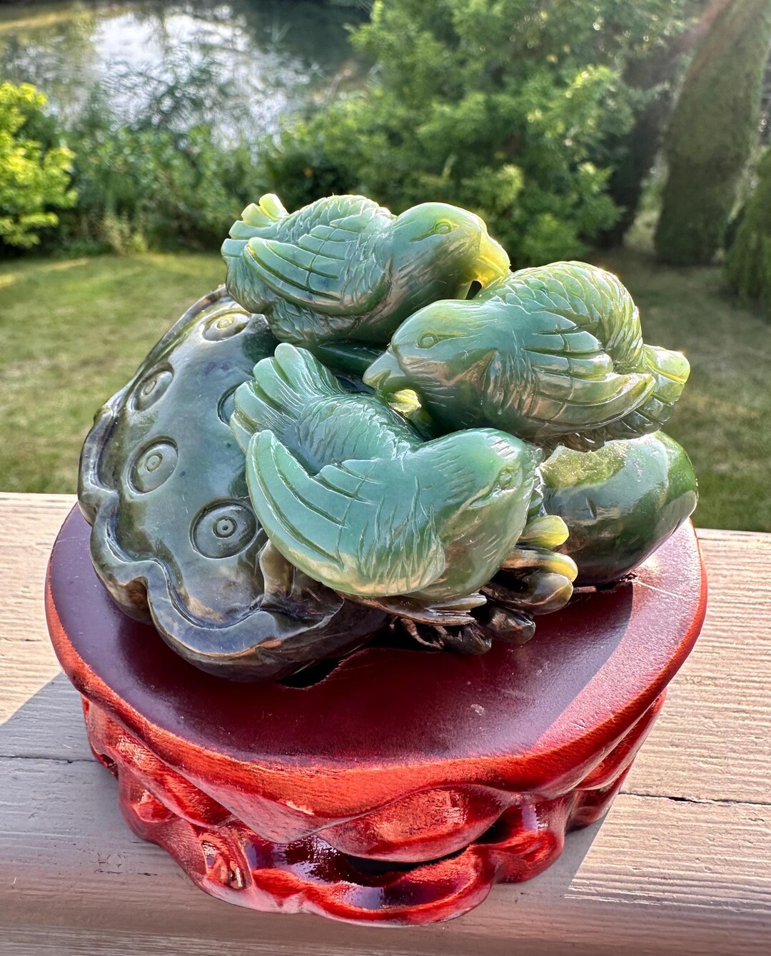 Canadian Nephrite Jade Sculpture Three Little Birds on Lotus Pod 4 & 13 ...