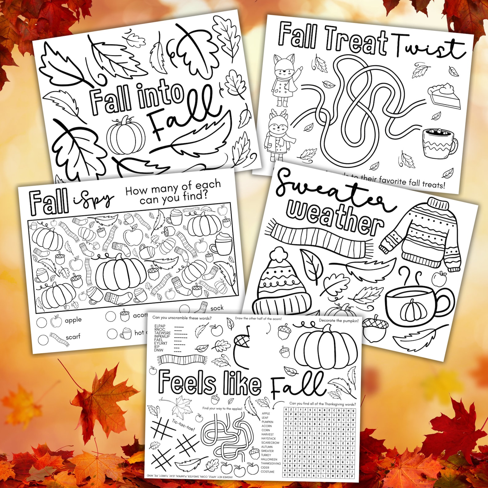 Fall Placemat Activity Printable, Fall Placemats, Fall Activities for ...
