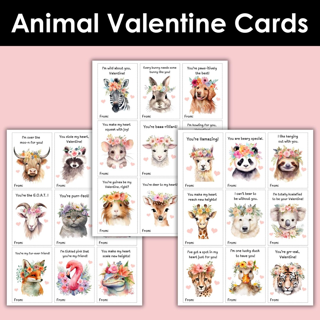 Cute Animal Valentine Cards Printable – 27 Kids Classroom Exchange ...