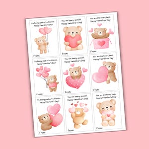 Bear Valentine Cards Printable for Kids, Cute Classroom Valentines ...