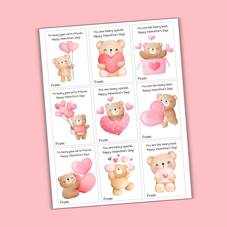 Bear Valentine Cards Printable for Kids, Cute Classroom Valentines ...