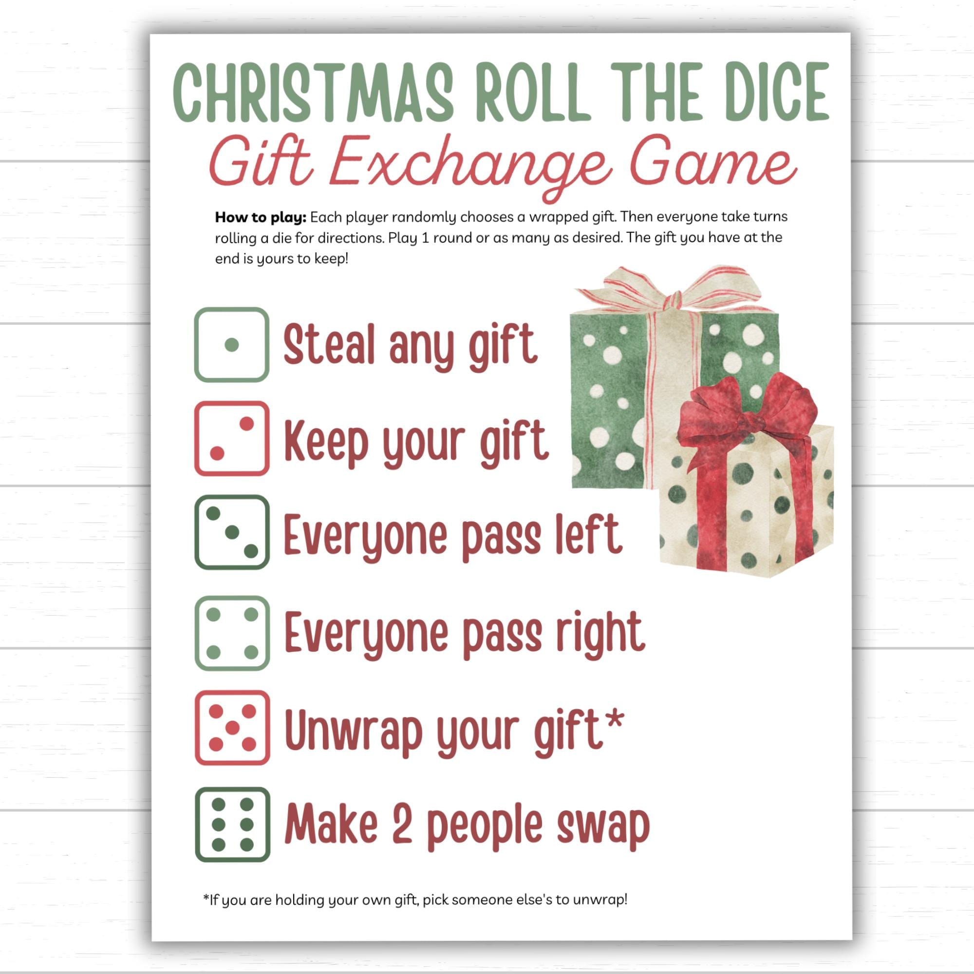 Christmas Gift Exchange Dice Game, Holiday Christmas Party Games, Roll ...