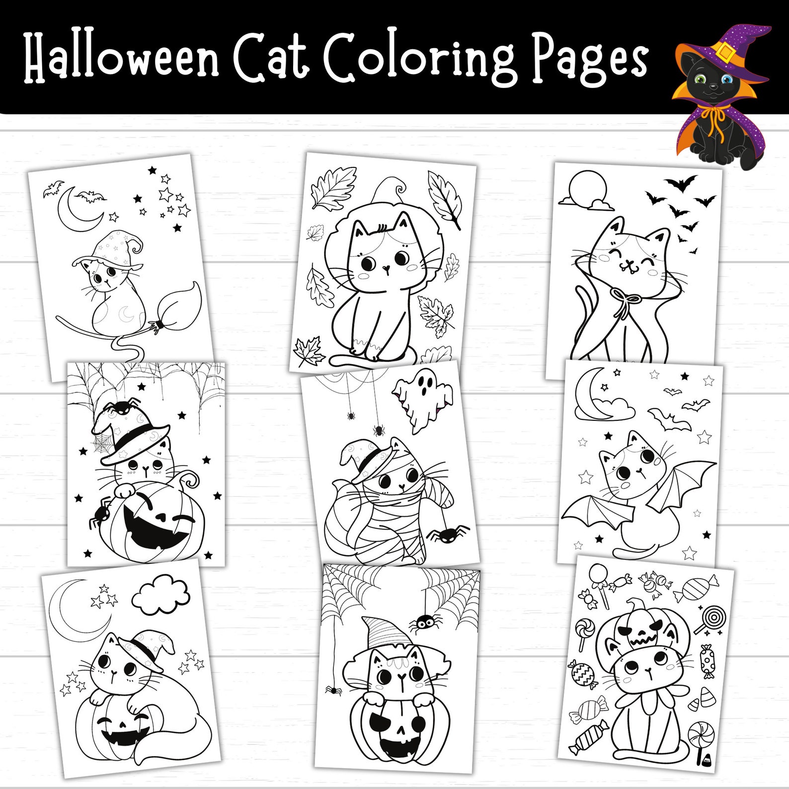 Cute Halloween Cat Coloring Pages, Printable Halloween Coloring Pages ...